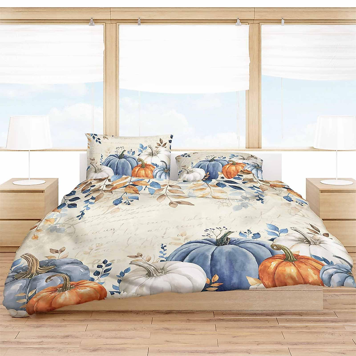 DecorLovee Fall Blue Pumpkins Duvet Cover Set 3 Pieces, Thanksgiving Orange Gray Botanical Rustic Bedding Sets 1 Duvet Cover & 2 Pillow Cases, Comforter Cover Set Duvet Cover California King