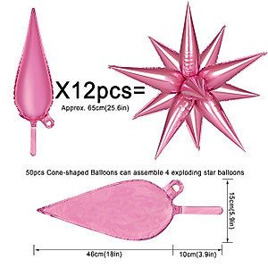 50pcs Pink Star Balloons Mylar, Pink Spike Explosion Star Foil Balloons Metallic, Pink Starburst Cone Point Star Balloons for Bachelorette, Baby Shower, Valentines Day, Birthaday, Wedding Decorations