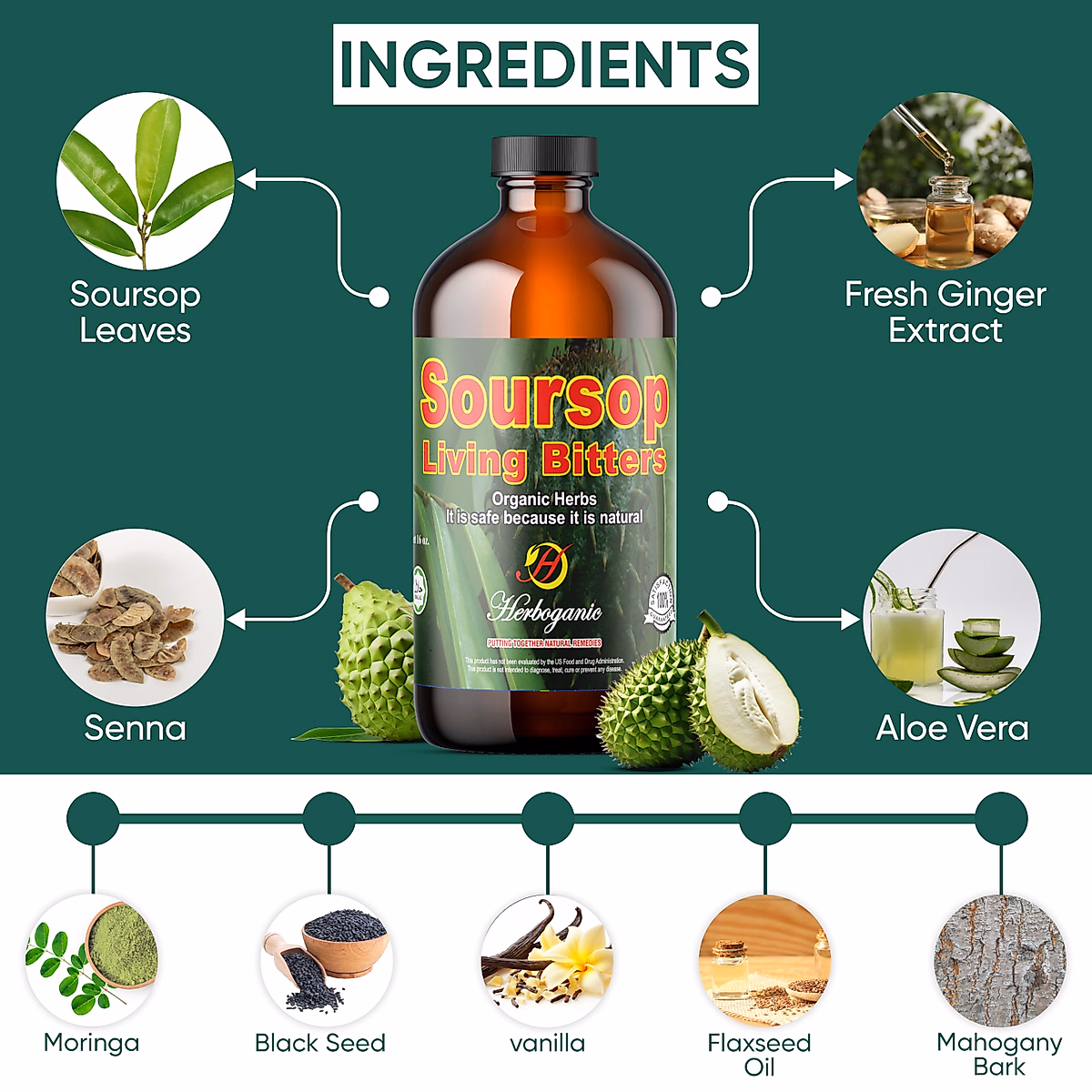 Herboganic Soursop Bitters Liquid | Natural Living Bitters for overall wellness 16 OZ | Soursop Bitters