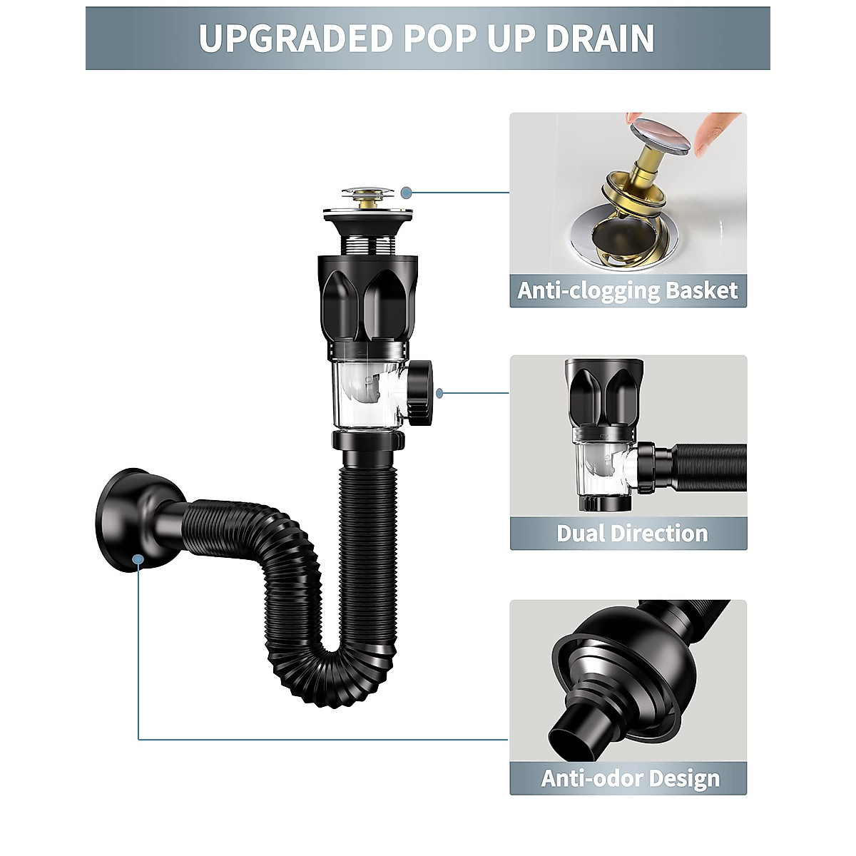 KKDFTU® 2 in 1 Bathroom Sink Drain Kit with Flexible & Expandable P-Trap, Suitable for 1-1/2'' Drain Hole, Pop Up Drain with Built-in Anti-Clogging Stopper Fits Overflow or No Overflow Vessel Sink