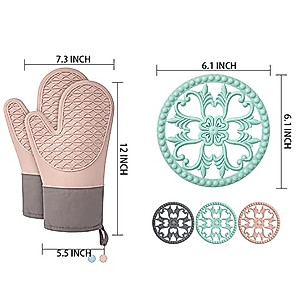 Silicone Oven Mitts Heat Resistant, Oven Mitts and Pot Holders Sets, Kitchen Mittens 5 Piece Set, Oven Gloves for Cooking,Baking,BBQ, Pink Oven Mitts, Easy Clean