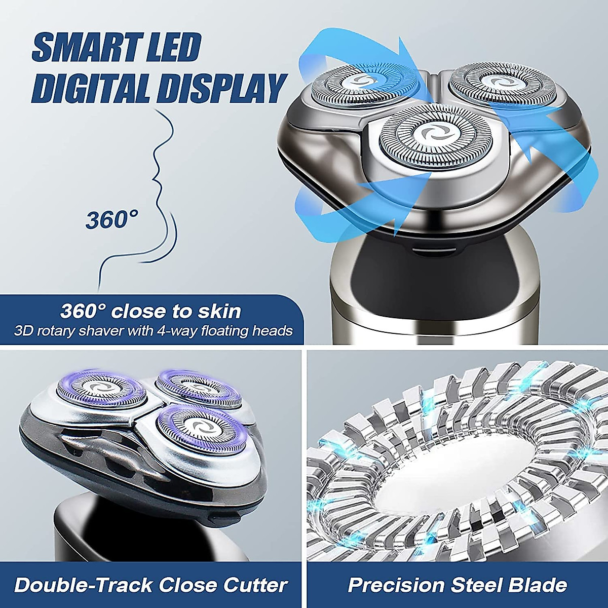 Electric Shaver for Men, Yevheniys Wet and Dry Rechargeable Cordless Beard Shavers 3 in 1 Waterproof Rotary Face Shaver Razors Suitable Gifts for Men - USB Cable Charging