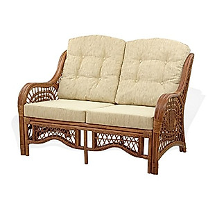 Malibu Lounge Loveseat Sofa Natural Rattan Wicker Handmade Design with Cream Cushions, Colonial