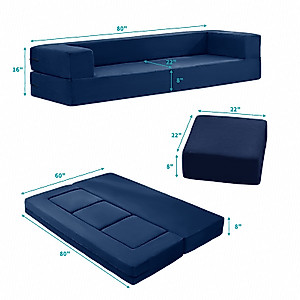BALUS Folding Bed Couch, Sleeper Foam Sofa Bed, Cushioned Foam Mattress Comfortable Sofa, Floor Couch Sleeper Sofa Foam with 3 Ottomans for Living Room/Bedroom/Guest Room/Home Office (Blue)