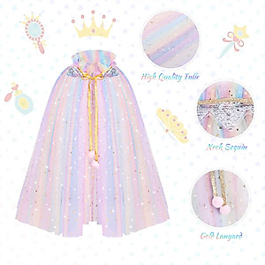 AOOWU Princess Cape for Girls, Colorful Princess Cloak with Crown, Princess Fancy Dress Up Sparkling Sequins Tulle Princess Cape Set for Birthday Party Cosplay (Rainbow, M)