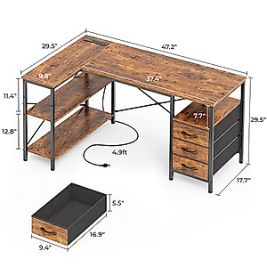 Huuger L Shaped Desk with Power Outlets, Computer Desk with 3 Drawers, 47 Inch Office Desk with Shelves, Gaming Desk, Corner Desk Work Desk for Home Office, Study, Rustic Brown