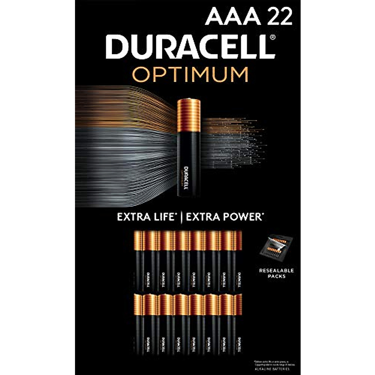 Duracell Optimum AAA Batteries, 22 Count Pack Triple A Battery with Long-lasting Power, Resealable Package for Storage, All-Purpose Alkaline AAA Battery for Household and Office Devices