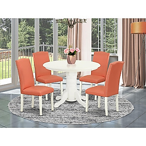 HomeStock Southwestern Sanctuary 5Pc Rounded 42 Inch Dining Table and Four Parson Chair with Linen White Leg and Pu Leather Color Pink Flamingo
