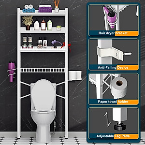 Over The Toilet Storage Cabinet,4 Tier Bathroom Organizer and Storage With Adjustable Shelf Waterproof Feet Pad and Basket Multifunctional Space Saver Freestanding Bathroom Shelves With Dividers White