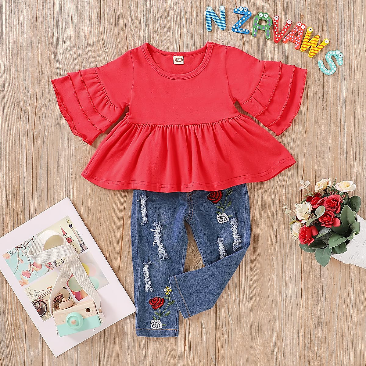 NZRVAWS Baby Girl Clothes 18 Months Toddler Clothing Infant Jeans for Kids 24 Months Ruffle Outfits Fall Winter Shirt Tops + Floral Denim Jeans Pants