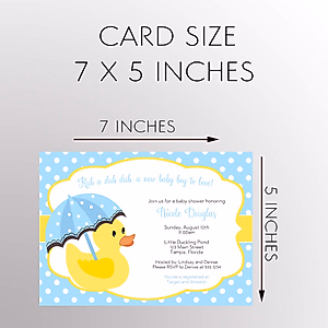 Rubber Ducky Baby Shower Invitations Duck Theme Customizable Invitations For Boy Polka Dots Blue Yellow Sprinkle Personalized (12 Count)