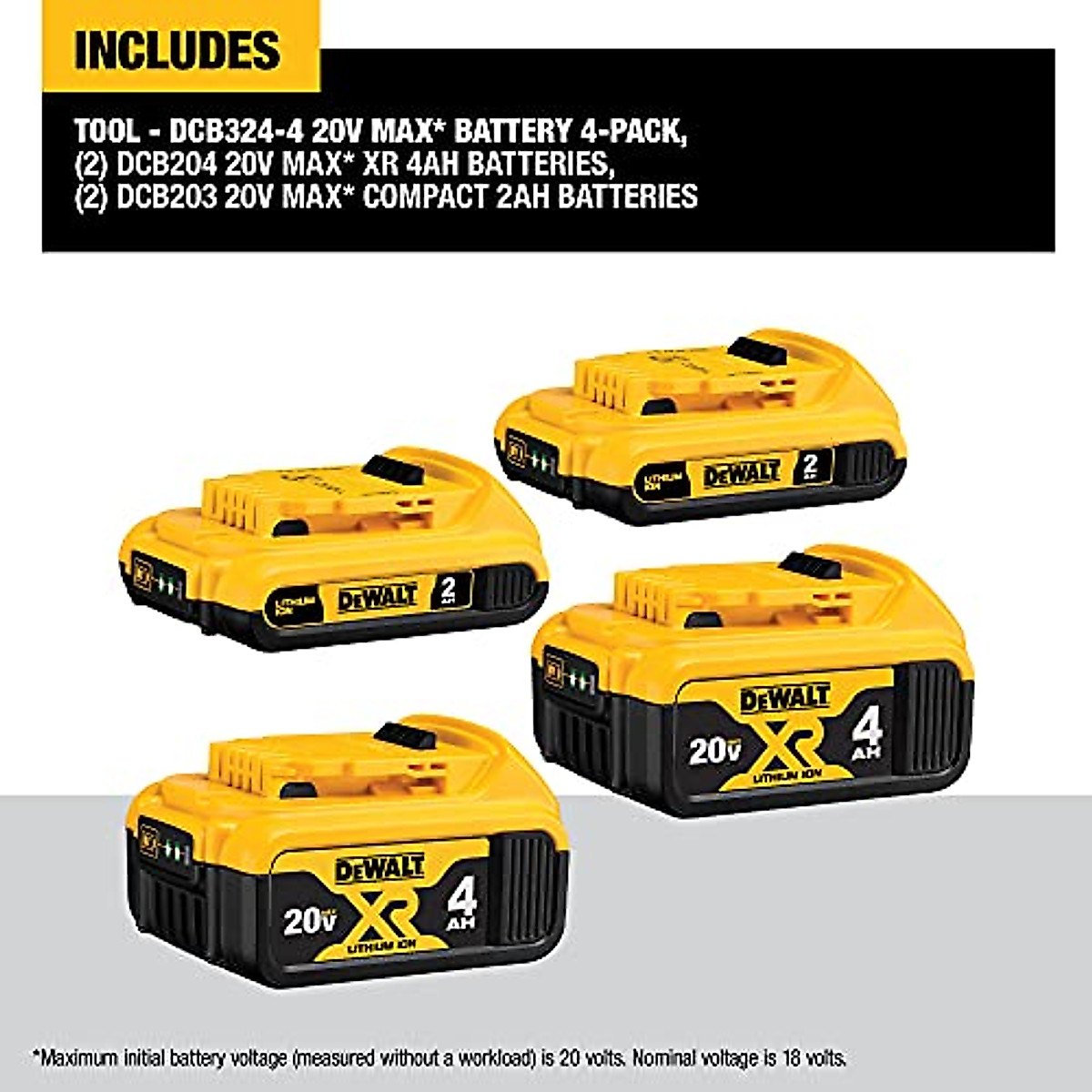DEWALT 20V MAX Battery, 2 Ah and 4 Ah, 4-Pack, Fuel Gauge LED Charge Indicators(DCB324-4)