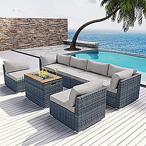 MODENZI Outdoor Sectional Patio Furniture Set with Propane Fire Pit Table Grey Resin Wicker Phoenix Collection Sofa Set (Light Grey)