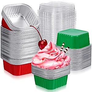 Suttmin 100 Pcs Christmas Aluminum Cups Foil Cupcake Container with Lids 5 oz Xmas Square Foil Pan Holder Mini Disposable Ramekins Cake for Xmas Party(Red, Green, Plain)