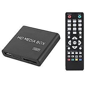 1080p HD Media Player, Mini MP4 Player Stereo Surrounding Sound with AV/HDMI/VGA/YPbPr Output with Remote Control Supports SD Cards and USB Drives Devices(US Plug)