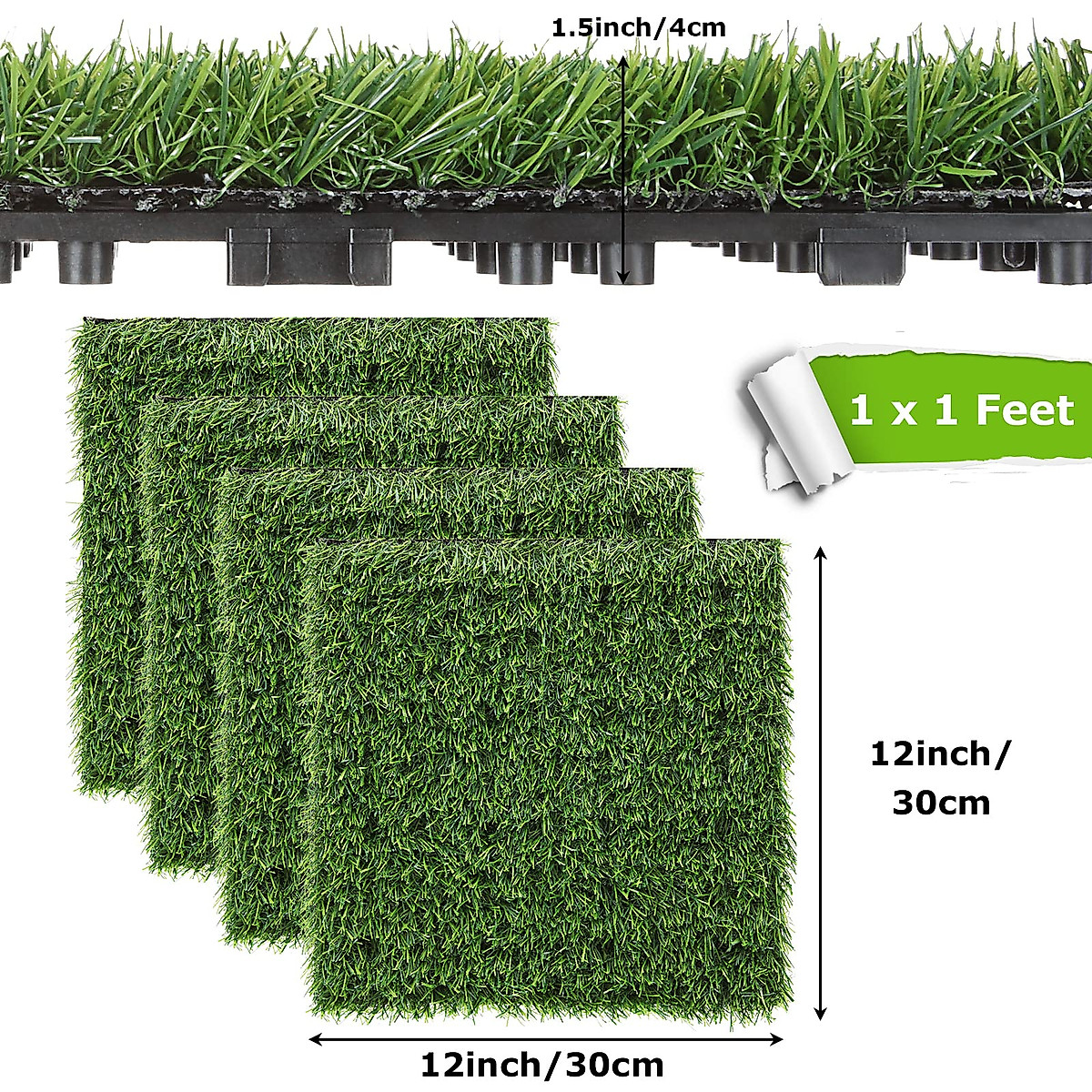 FVIEXE 9PCS Artificial Grass Turf Tile, 12 x 12 Inch Interlocking Deck Tiles Turf Squares Fake Grass Mat for Pet, Dogs, Patio, Balcony Apartment Indoor Outdoor Flooring Decor Grass Turf Rug
