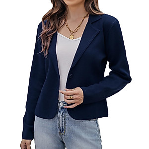 Women Causal Lightweight Sweater Blazers Cropped Dressy Cardigan Jacket Notch Collar Knit Blazer Navy Blue M