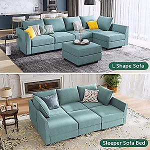 HONBAY Convertible Sectional Sofa with Ottman Set Modular Sectional Couch with Reversible Chaise L Shaped Modular Sofa with Storage Seats for Living Room, Aqua Blue