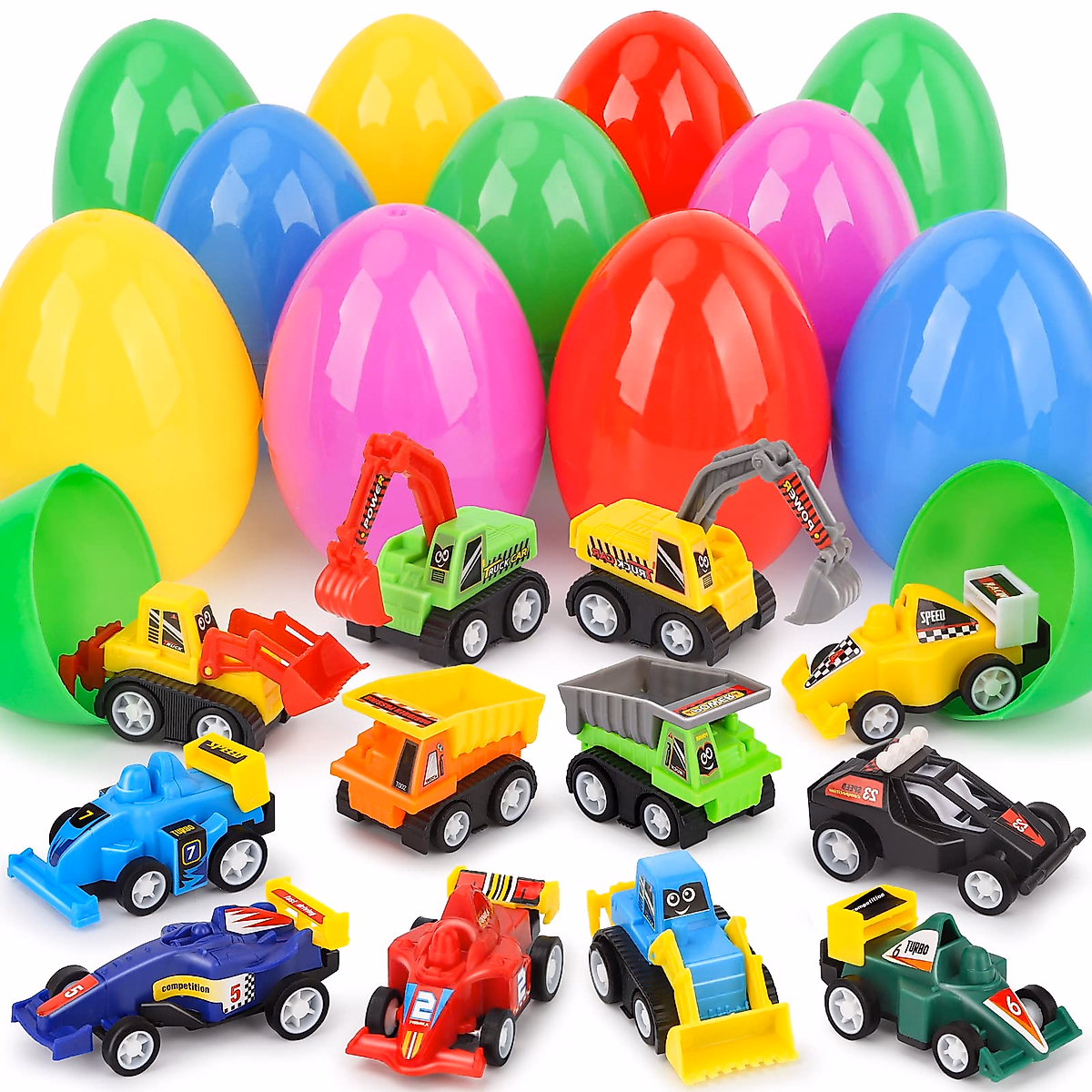 Easter Eggs Prefilled with 12 PCS Dinosaur Toys Figures, Colorful Easter Egg Fillers, Cake Toppers, Easter Basket Stuffers Toy Gifts Party Favor for Kids (Pull Back Cars)
