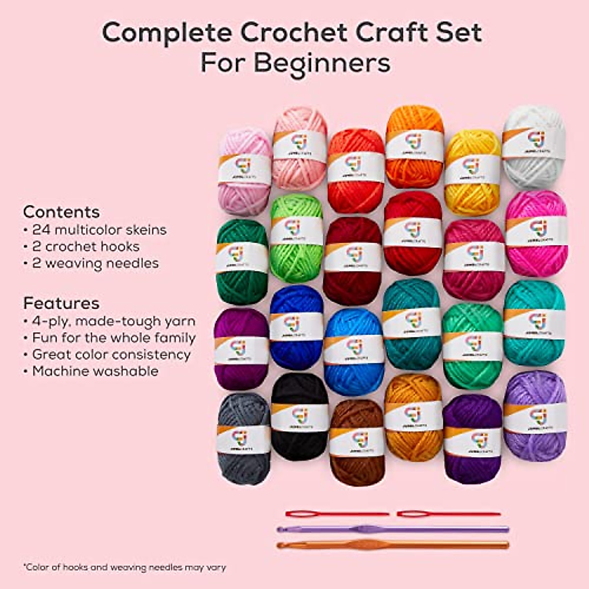 JumblCrafts 24-Yarn Crocheting Starter Kit. 24 Fun-Sized Skeins with 2 Crochet Hooks and 2 Weaving Needles, 24 Assorted Colors of Acrylic Yarn for Crafters. Great for Beginners and Experts