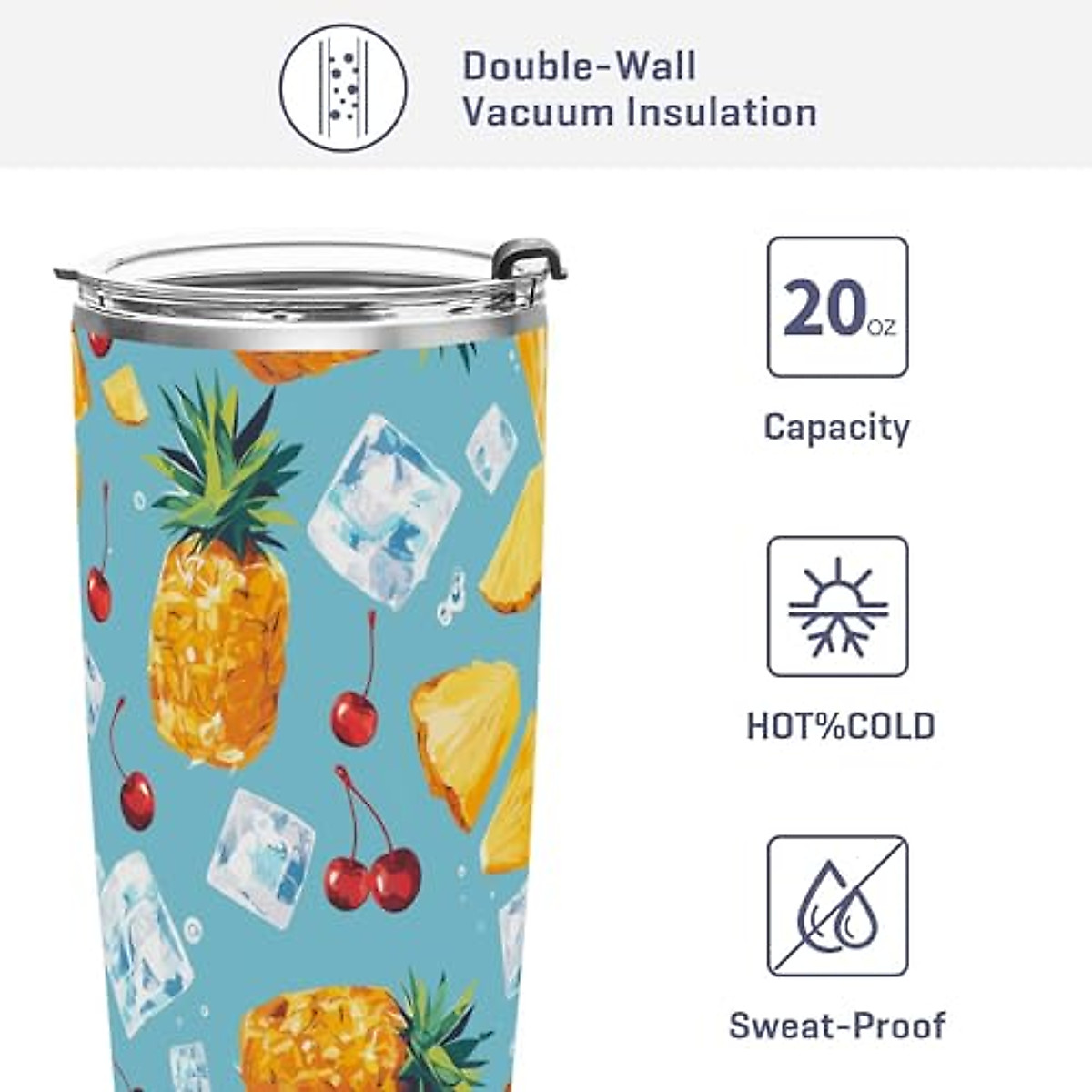 sanluoli Summer Fresh Fruits Blue Stainless Steel thermal cups with Straw Leak Resistant Flip coffee mug for Home, Office or Car Aesthetic tumblers with lids 20 OZ