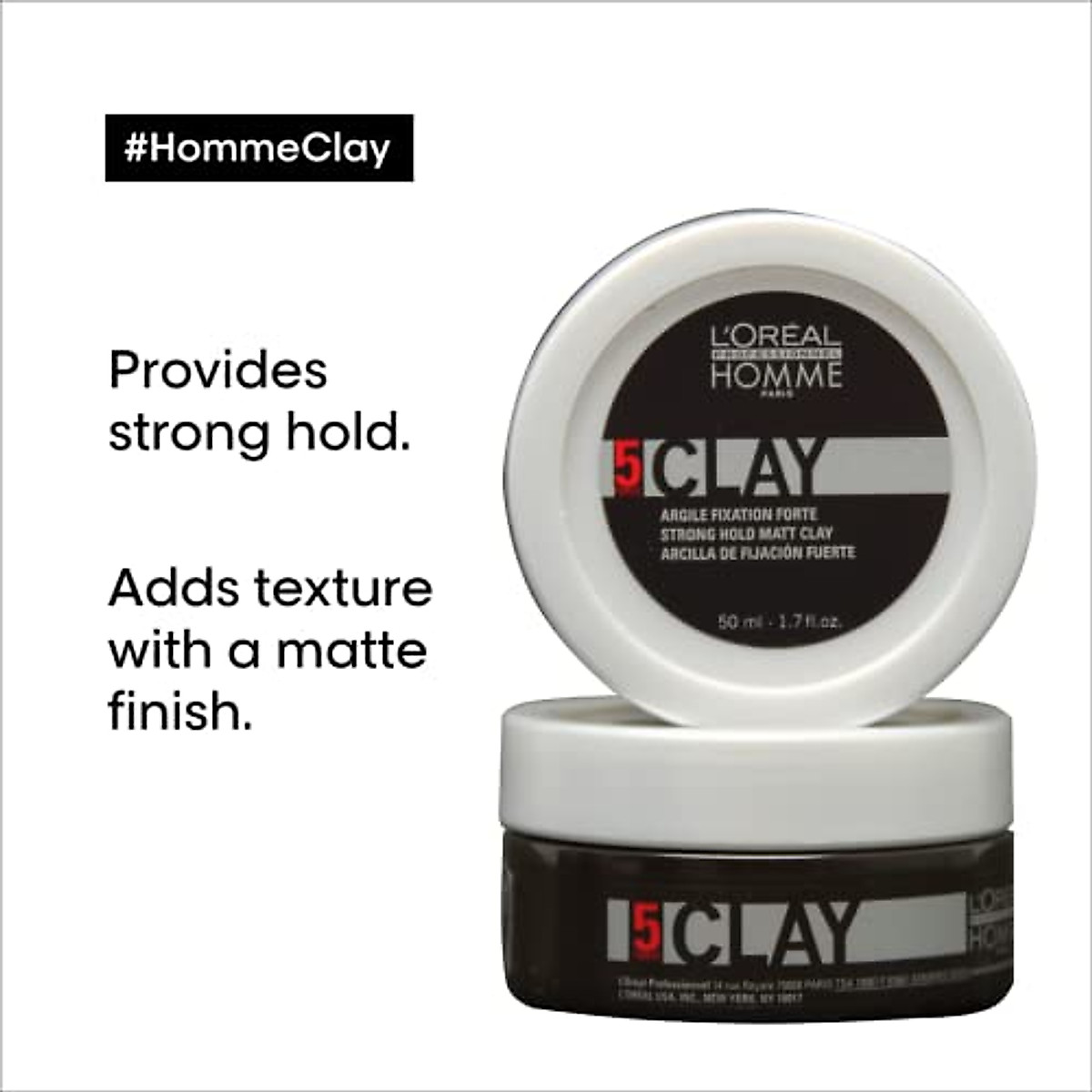 L'Oreal Professionnel Men’s Styling Clay - For All Hair Types, Provides Strong Hold and Matte Finish