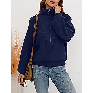NATACATA Women's Half Zip Pullover Sweater Balloon Long Sleeve V Neck Collar Oversized Knit Fall Winter Tops Navy S