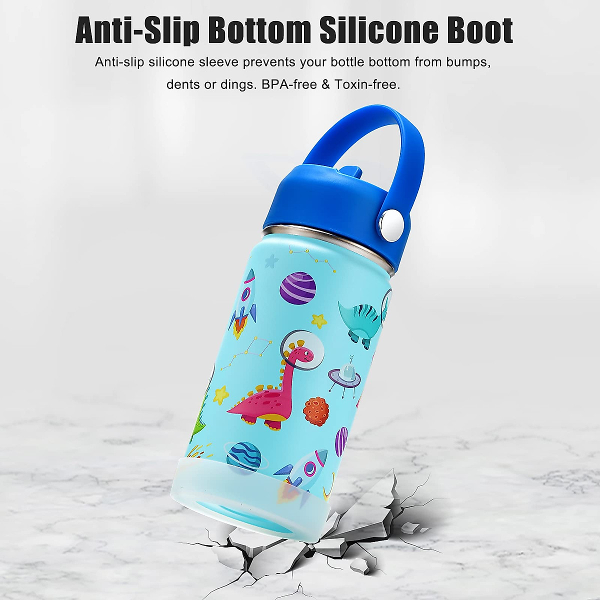 WEREWOLVES 14oz Kids Water Bottle with Straw Lid, Shoulder Strap and Boot - Insulated Stainless Steel, Reusable Leakproof Metal Water Bottles for School (Space Dinosaur (Strap), 14 oz)