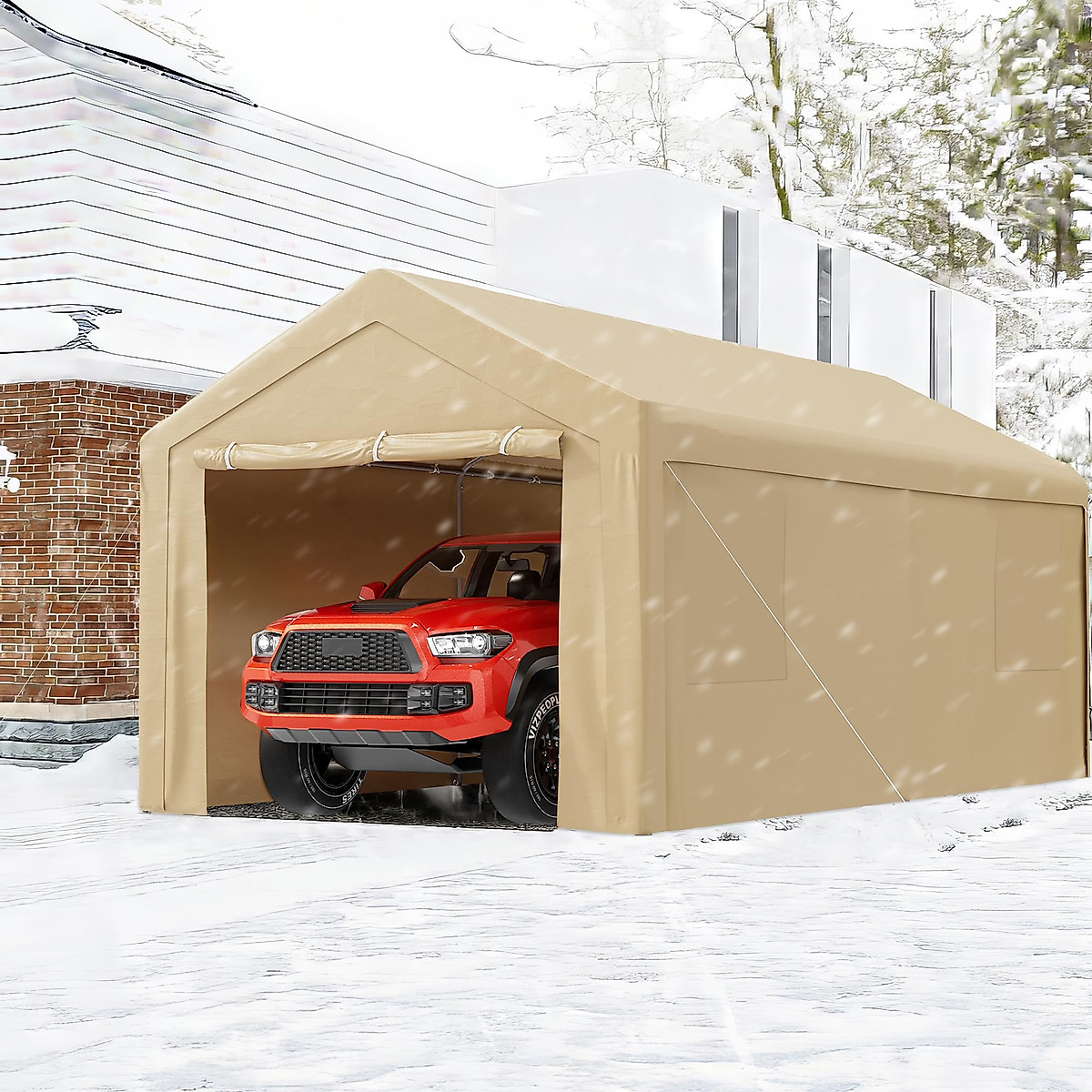 Betterland Carport, 10'x 20' Heavy Duty Carport Canopy，Outdoor Portable Garage with 2 Roll-up Doors & 4 Mesh Windows,All Weather Outside Car Shed for Car, Pickup,and Boat, Khaki