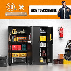 Metal Garage Storage Cabinet, Locking Garage Tool Cabinet, 71"Tall Steel Storage Cabinets with Doors and Adjustable Shelves, Locker Black Metal Tool Cabinets for Garage, Home Office, Assembly Required
