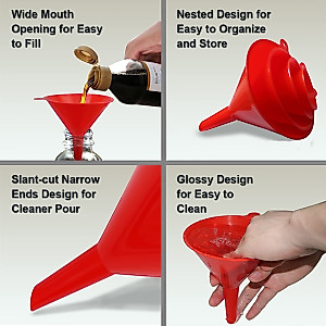 KongNai 4 Pieces Plastic Funnel Set for Kitchen and Automotive Use, Mini, Small, Medium and Large Funnel for Filling Bottles, Canning, Cooking, Lab or Car Oil Funnels