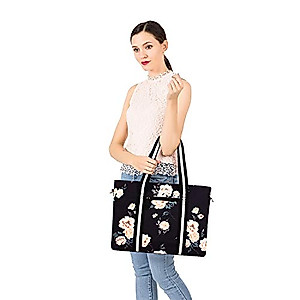 MOSISO Laptop Tote Bag for Women (17-17.3 inch), Canvas Camellia Multifunctional Work Travel Shopping Duffel Carrying Shoulder Handbag, Black