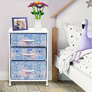 Sorbus Nightstand Storage Organizer with 3 Drawers - Kids Girls, Boys Bedroom Furniture Storage Chest for Clothes, Closet Organization - Steel Frame, Wood Top, Fabric Bin (Pastel Tie-dye Blue/Pink)
