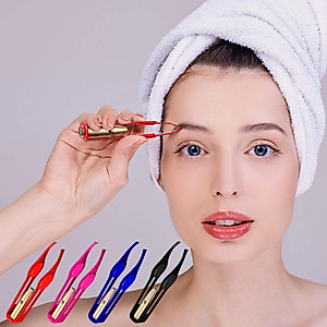 4 Pieces Tweezers with Light, Led Tweezers Stainless Steel Makeup LED Light Eyelash Eyebrow Hair Removal Illuminating Lighted Tweezers for Men and Women (Black, Red, Rose Red, Dark Blue)