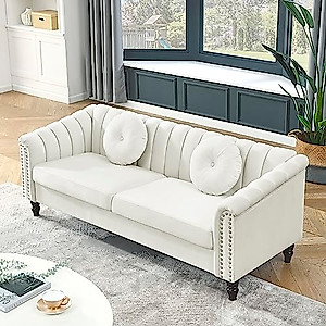 FULife 72" Velvet Upholstered Loveseat Tufted Futon Sofa,Chesterfield Accent 3 Seaters Sofá Couch with Nail Arms&2 pillows for Living Bedroom/Apartment/Office/Studio/Bonus Room/Compact Places, Beige