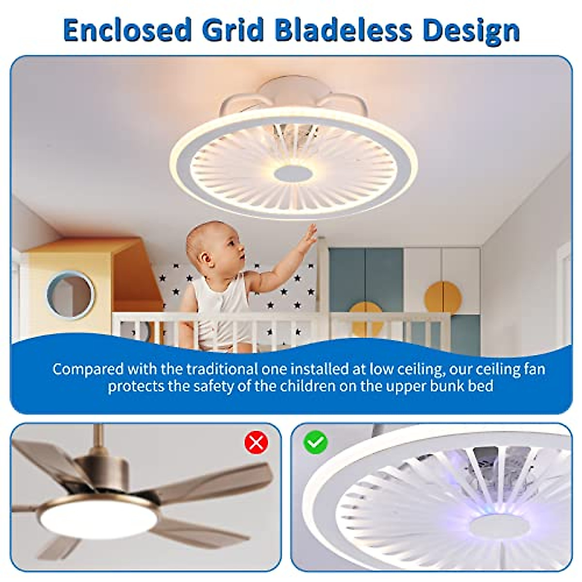 JTfany Ceiling Fans with Lights and Remote 18 Inch Flush Mount Ceiling Fan with Remote Dimmable 3 Speeds Low Profile Ceiling Fan RGB Bladeless Ceiling Fan Quiet Ceiling Fans for Bedroom Kidsroom