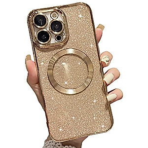 aowner Magnetic Case for iPhone 13 Pro Max Glitter Case, Luxury Plating Cute Bling with Camera Lens Protector, Compatible with MagSafe, Slim Thin for Women Girls Protective Clear Phone Case, Gold