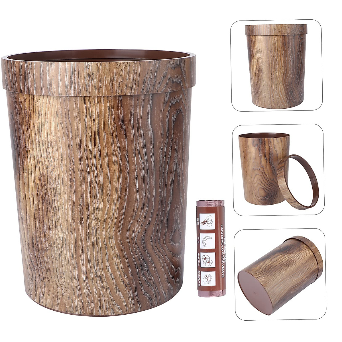 VICASKY Retro Trash Can Ornament Container Metal Storage Baskets Lip Gloss Containers Small Trash Can Rubbish Bin Wood Grain Wastebasket Trash Can Garbage Bin Living Room Garbage Bin Brown