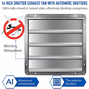 iPower 16 Inch Shutter Exhaust Fan Aluminum High Speed 1450RPM, 2300CFM, Silver, with Adjustable Programmable Thermostat