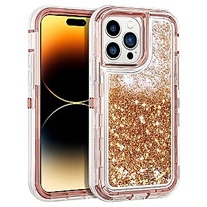 WOLLONY for iPhone 14 Pro Max Case Glitter Floating Liquid Shiny Quicksand Case for Women Girls Heavy Duty Shockproof Protective Case Hard PC Bumper Soft TPU Cover for iPhone 14 Pro Max 6.7''Rosegold