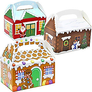 JOYIN 24 PCS 3D Christmas House Cardboard Treat Boxes for Holiday Xmas Goody Gift, Goodie Paper Boxes, School Classroom Party Favor Supplies, Candy Treat Cardboard Cookie Boxes