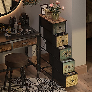 Tohomeor Narrow Storage Dresser Slim Dresser with Retro Flowers Fabric Drawers Vertical Skinny Cabinet for Small Spaces,Bathroom,Bedroom Closet Nightstand,Entryway Organizer (Retro Flower, 5 Drawers)