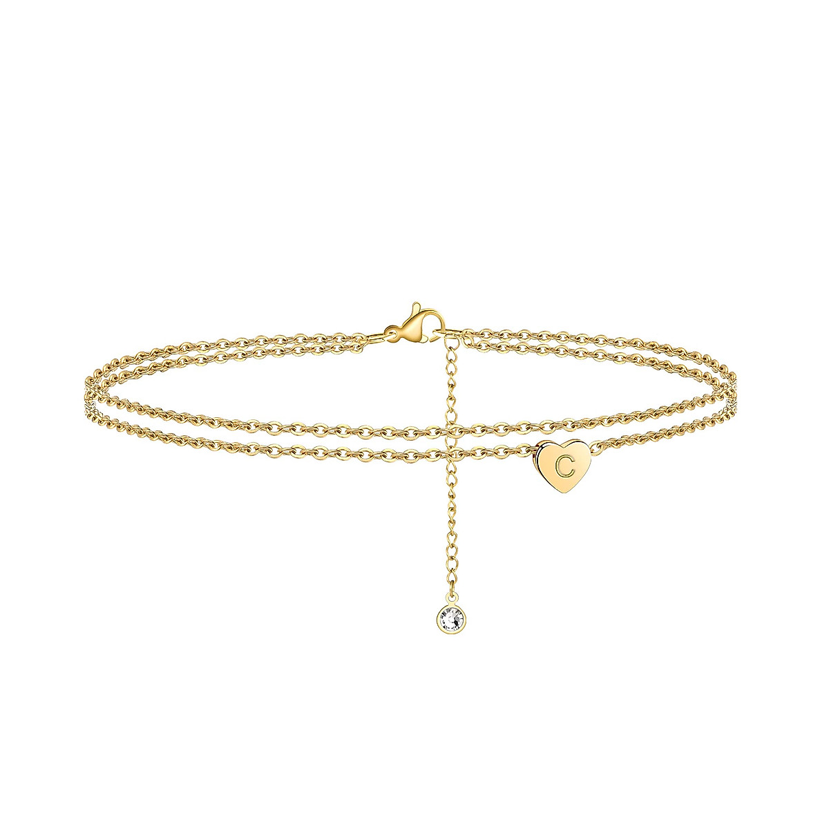 Turandoss Layered Heart Ankle Bracelets for Women, 14K Gold Filled Layered Anklet Beach Style Summer Initial Ankle Bracelets for Women Anklet with Initials C