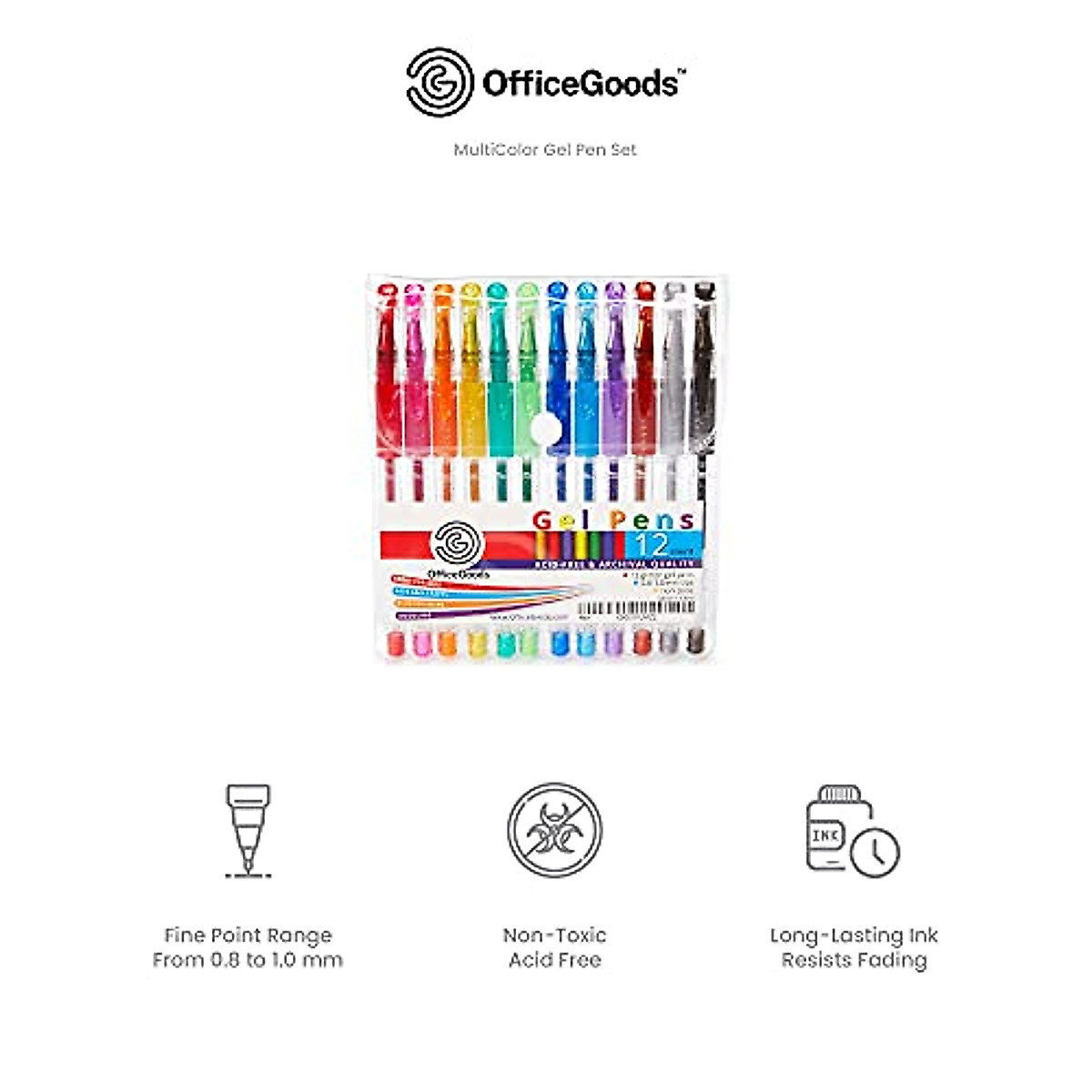 OfficeGoods Multicolor Gel Pens + Refills - 12 Premium Colors - Fast Drying Smudge Free - Metallic, Glitter Classic Coloring Ink - 0.8-1.0 mm Tips