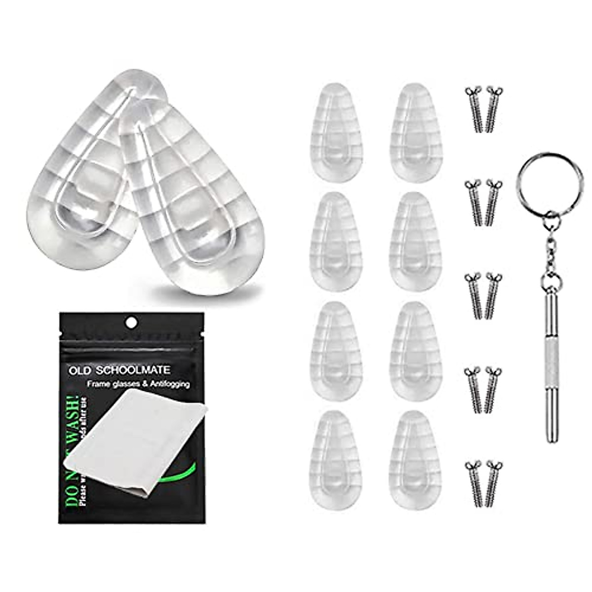 AONUOWE 15mm Soft Silicone Air Chamber Eyeglass Nose Pads, Repair Kit, Glasses Screws and Micro Screwdriver Cleaning Cloth, 5 Pairs of Screw-in Bag Pad Set + 1*Cleaning cloth