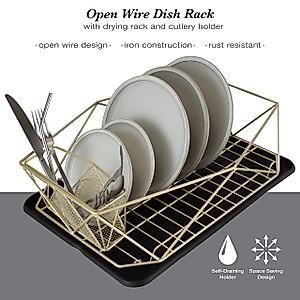 Kitchen Details Utensil Holder Tray Geode Deluxe Dish Drying Rack with Drain Board, Cutlery Basket, Iron Frame, Satin Gold
