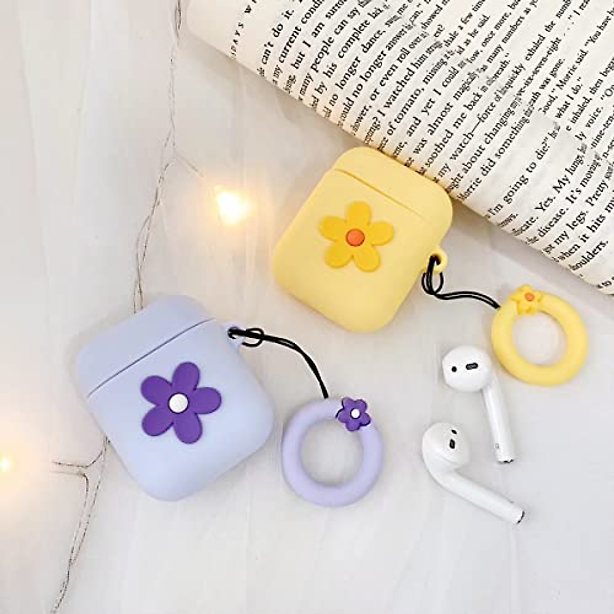 Ownest Compatible for AirPods Case Cute Cartoon Flower Pattern Girls Woman Soft Silicone Shockproof Keychain Design Cover for Airpods 1 &2-Purple