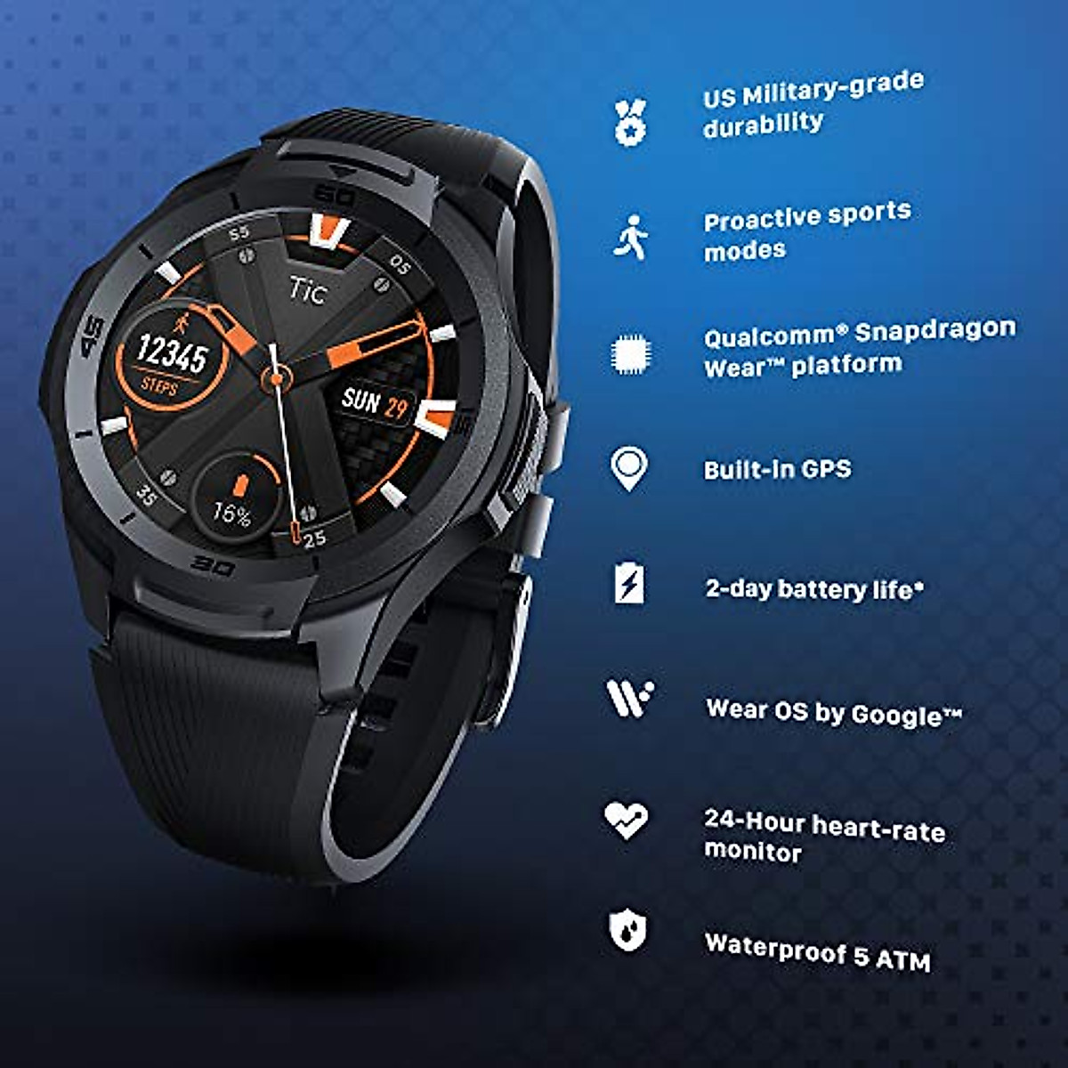 TicWatch S2, Waterproof Smartwatch with Built-in GPS for Outdoor Activities, Wear OS by Google, Compatible with Android and iOS (Black)