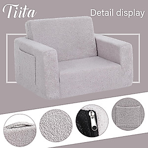 Tiita Kids Sofa, 2-in-1 Kids Sofa Chair, Convertible Children Couch to Lounger, Flip Out Kids Sofa Chair, Toddler Armrest Chair Bed, Folding Kids Play Sofa for Girl or Boy (Grey)