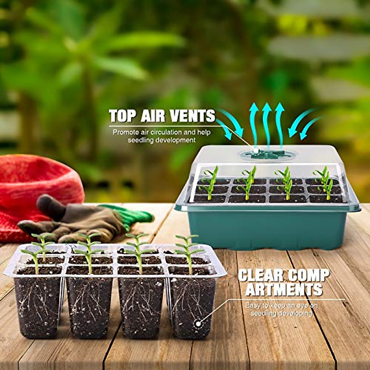 Delxo 10-Pack Seed Starter Kit Seedling Starter Tray (12 Cells per Tray) Humidity Adjustable Plant Germination Kit Garden Seed Starting Tray with Dome and Green Base Plus Plant Tags Hand Tool Kit
